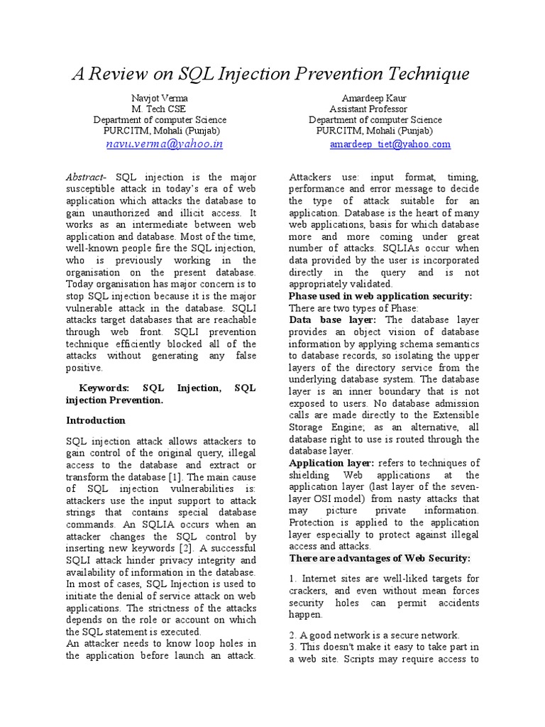 A Review On SQL Injection Prevention Technique: Navu - Verma@yahoo - in ...