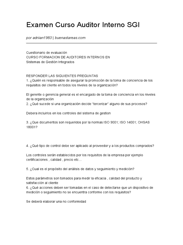 Examen Curso Auditor Interno SGI-11!07!2015 | PDF | Calidad (comercial) | Business