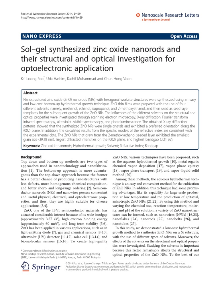 Sol Gel Method Zinc Oxide | Zinc Oxide | X Ray Crystallography