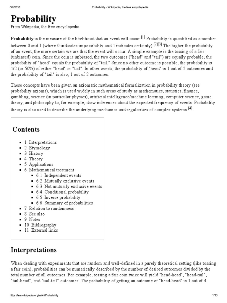 Probability: From Wikipedia, The Free Encyclopedia | PDF | Probability ...