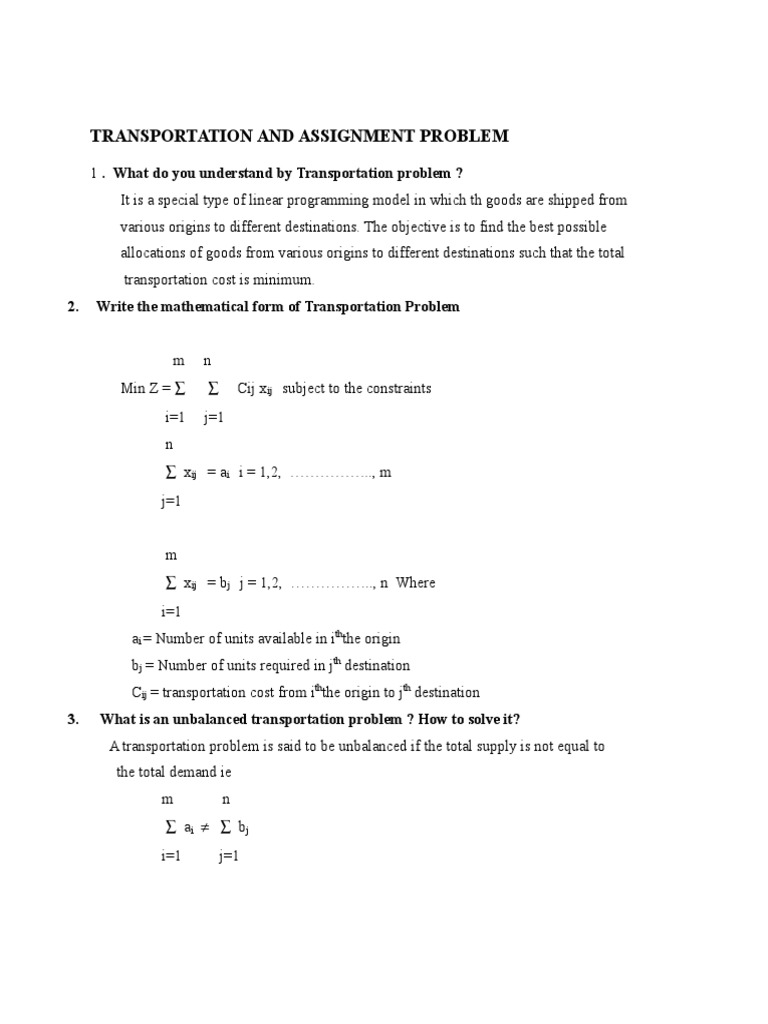 Transportaion Problem - 2 Marks and 16 Marks Questions | PDF ...