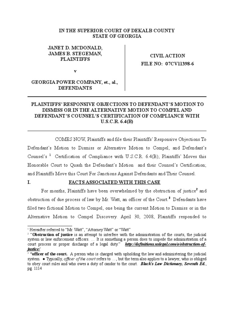 Plaintiffs' Response To Georgia Power's Motion To Dismiss or Compel | PDF | Discovery (Law ...