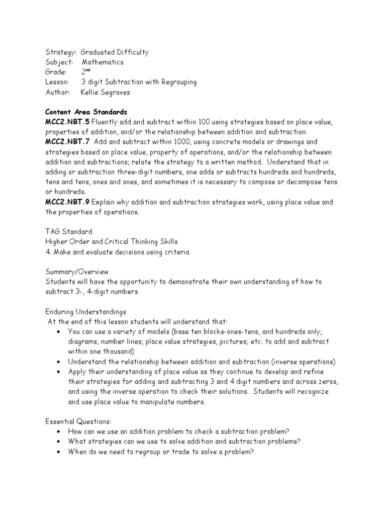 Tiered Lesson Regrouping Graduated Difficulty | PDF | Subtraction ...