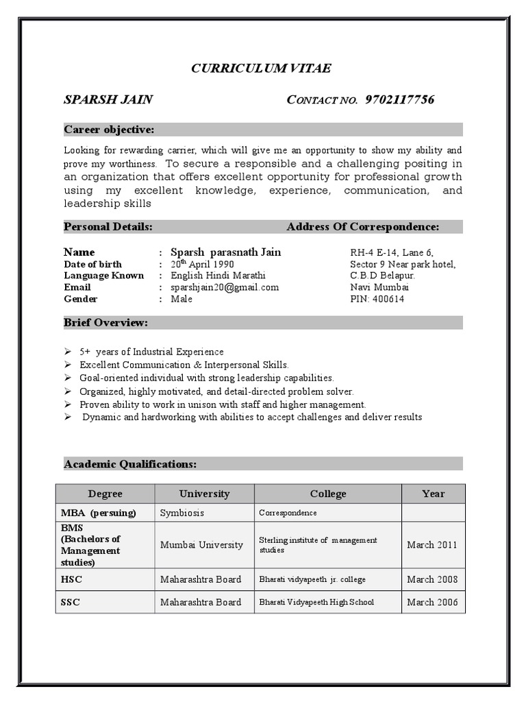 Curriculum Vitae Sparsh Jain C 9702117756: Career Objective | PDF | Internet | Business