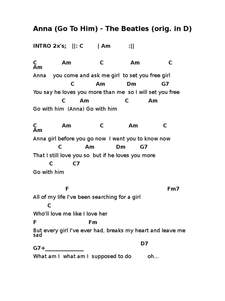 ANNA - Lyrics & Chords - Beatles - in G | PDF | British Pop Songs ...