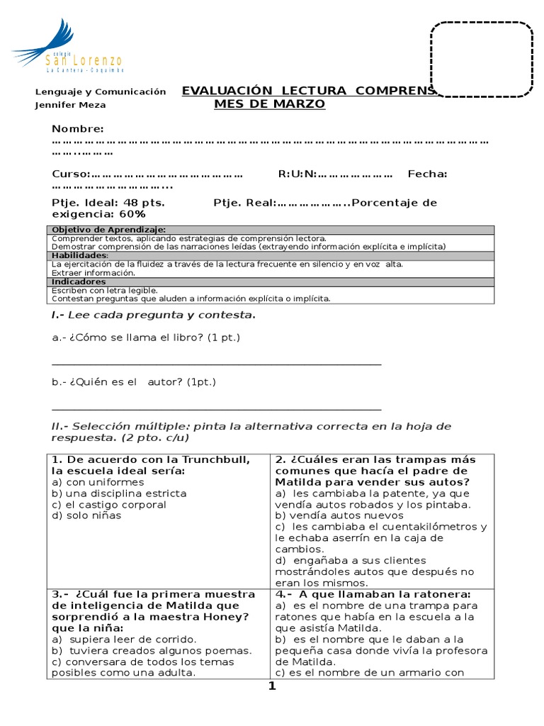 Evaluación Libro Matilda | PDF | Lectura (proceso) | Comprensión lectora