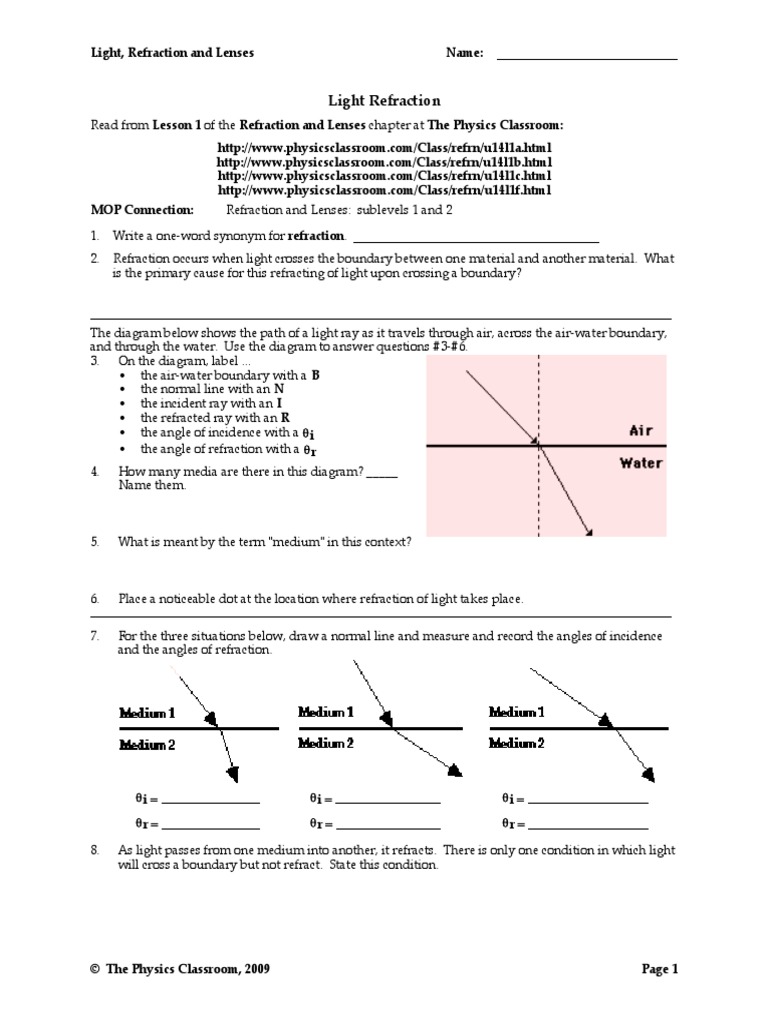 Refraction Of Light Worksheet Solved TA De Rec 11 Worksheet