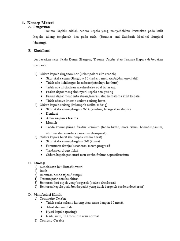 Laporan Pendahuluan Trauma Capitis Ringan (TCR) | PDF