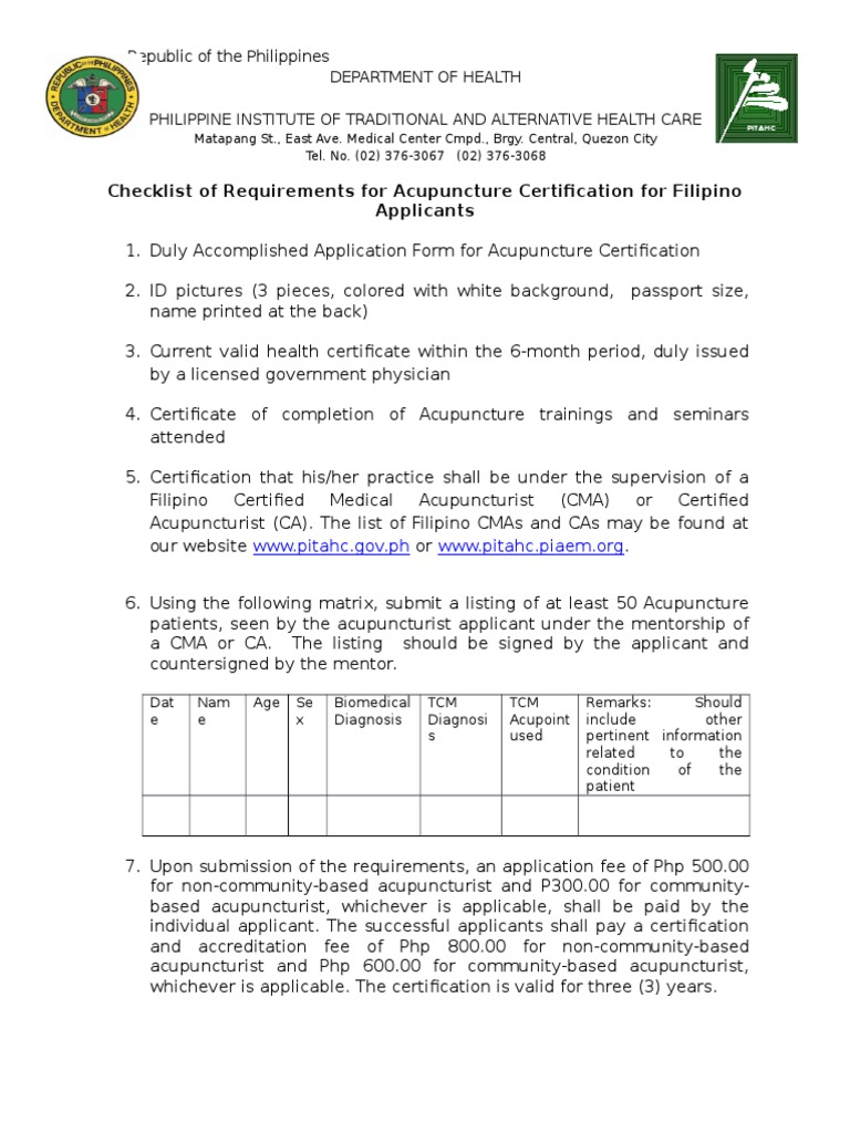 Acupuncture Certification Requirements Philippines | PDF | Self-Improvement