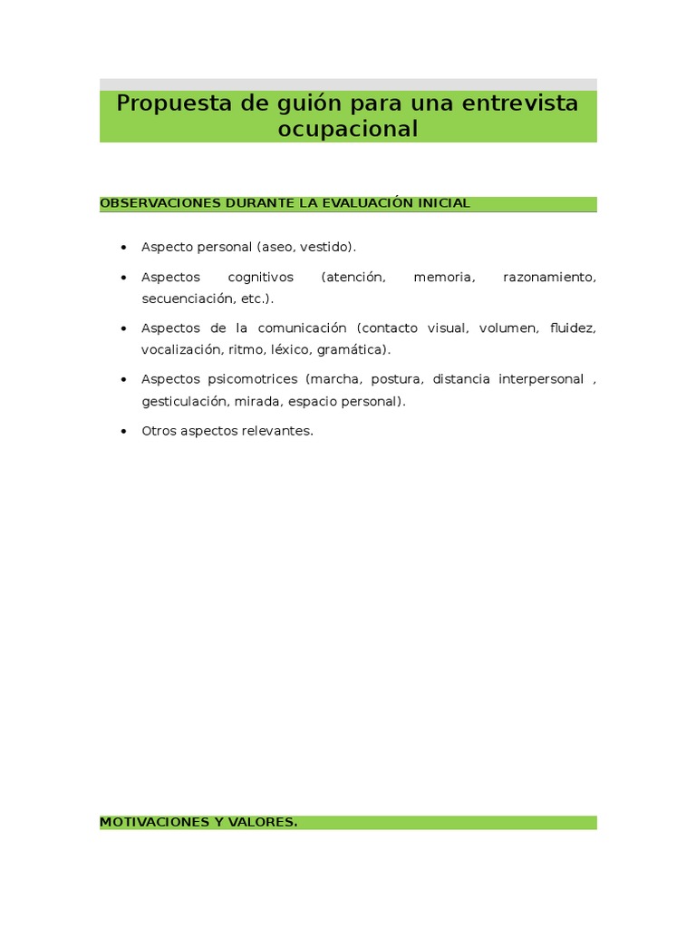 Propuesta Guion Entrevista Ocupacional Pdf Motivación Motivacional
