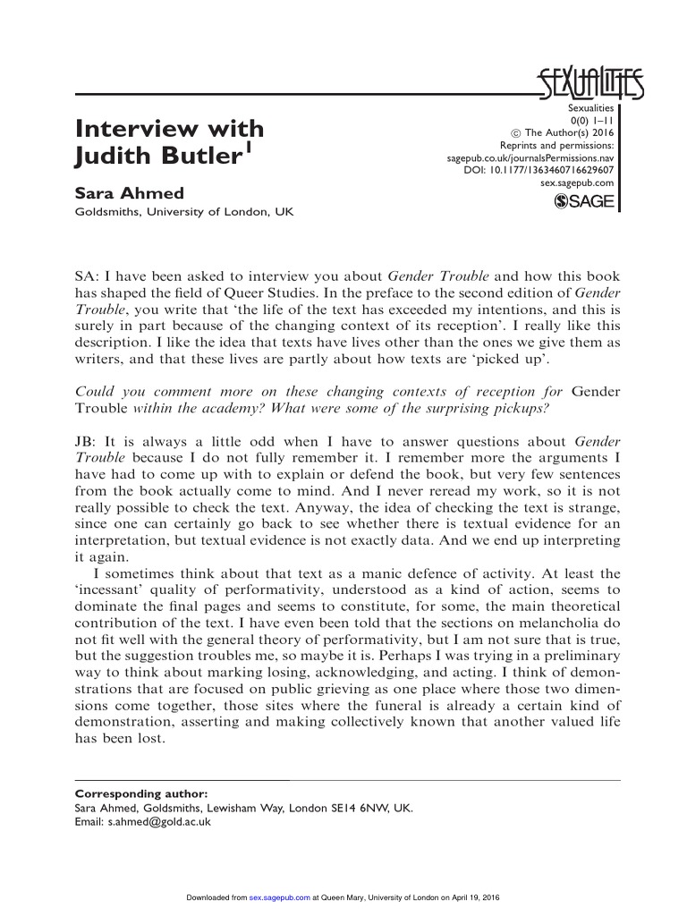Interview With Judith Butler | PDF | Queer Theory | LGBTQIA+ Studies