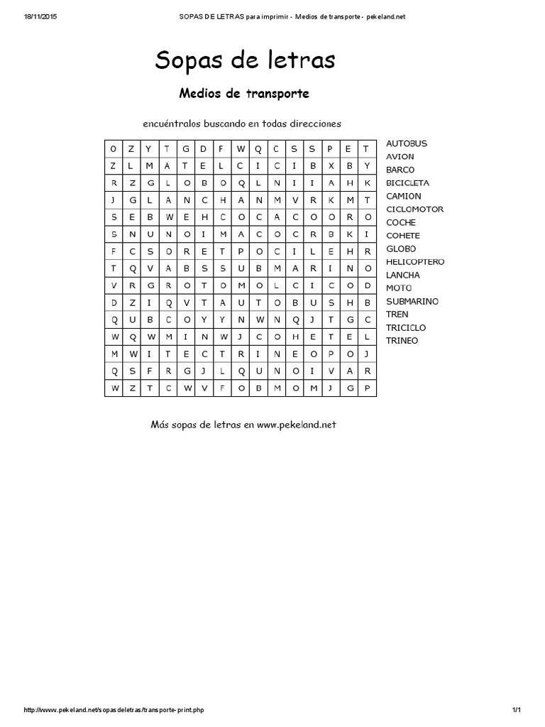 SOPAS de LETRAS para Imprimir - Medios de Transporte - Pekeland | PDF