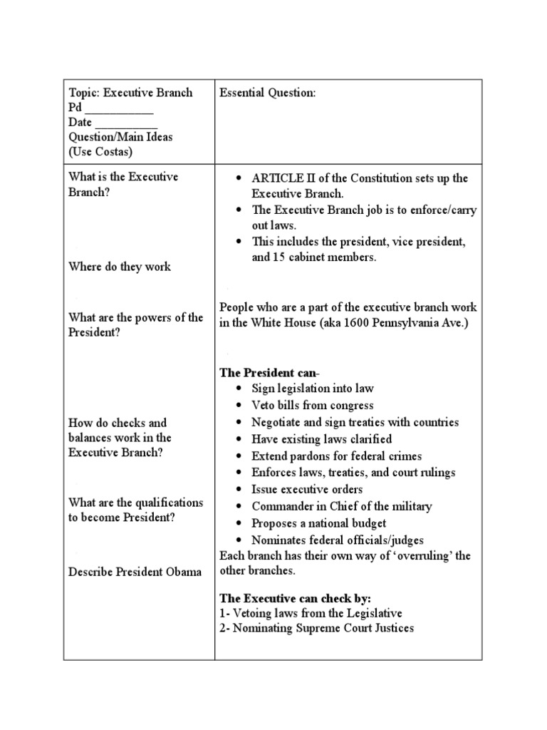 Excutive Branch Notes and Reflection | PDF | Presidents Of The United ...