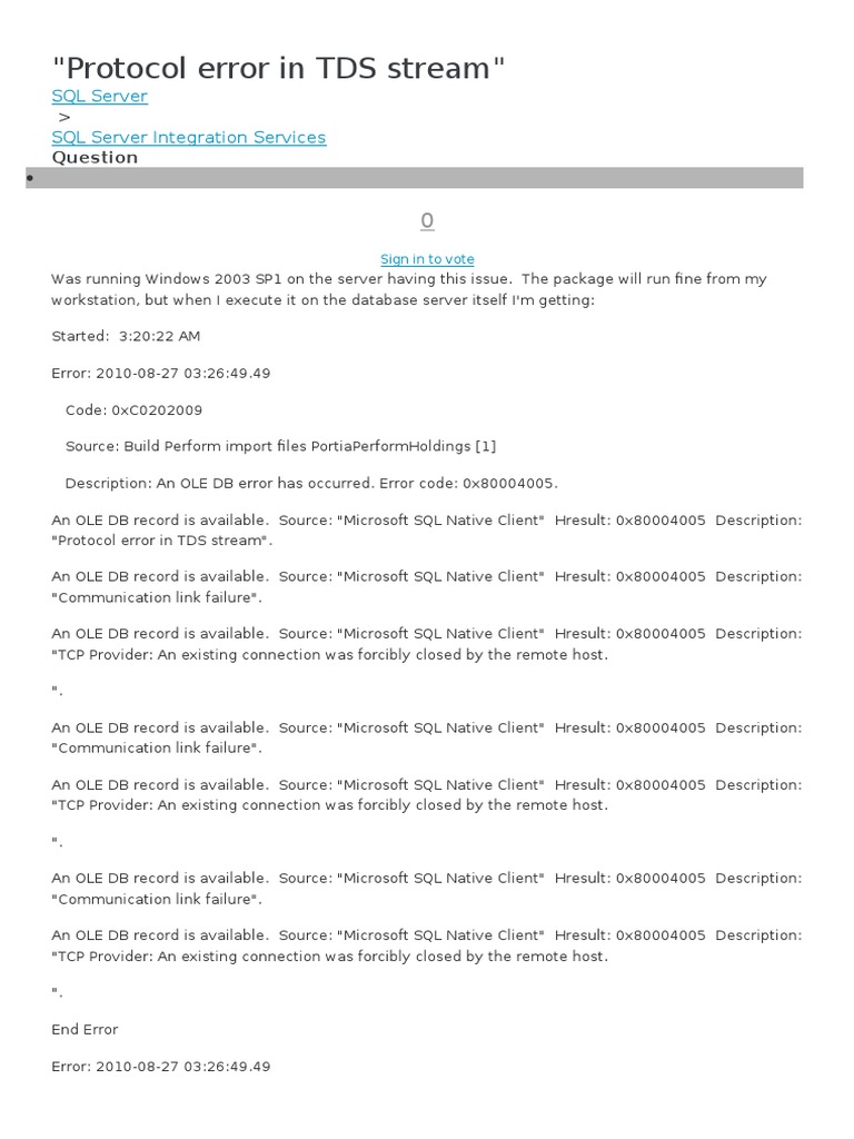 Protocol Error in TDS Stream | PDF | Windows Server 2003 | Microsoft Sql Server