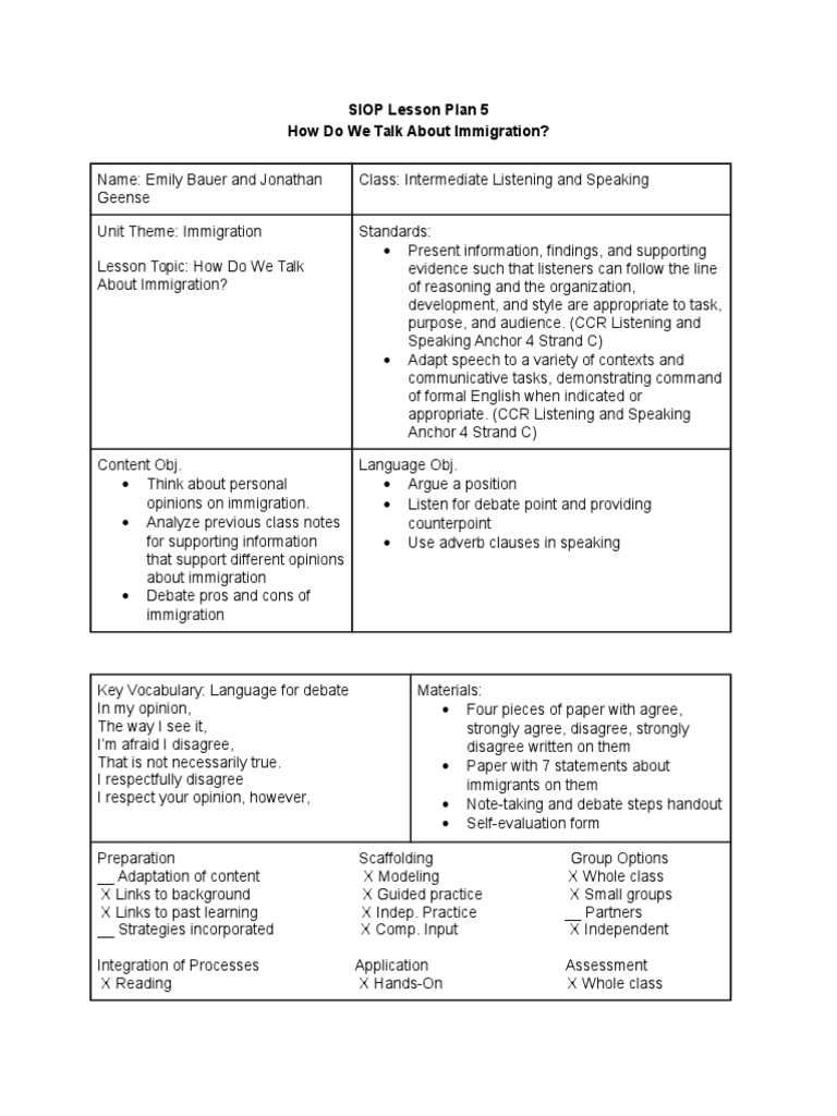 SIOP Lesson Plan 5 How Do We Talk About Immigration? | PDF ...