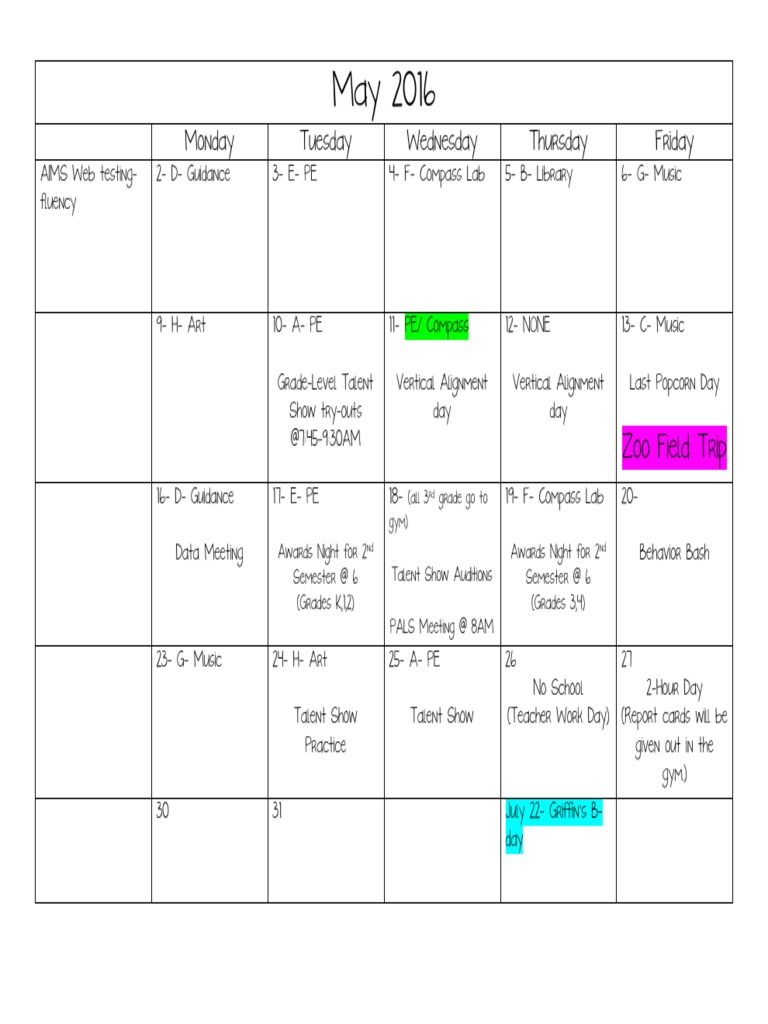 May 2016 School Events Calendar | PDF