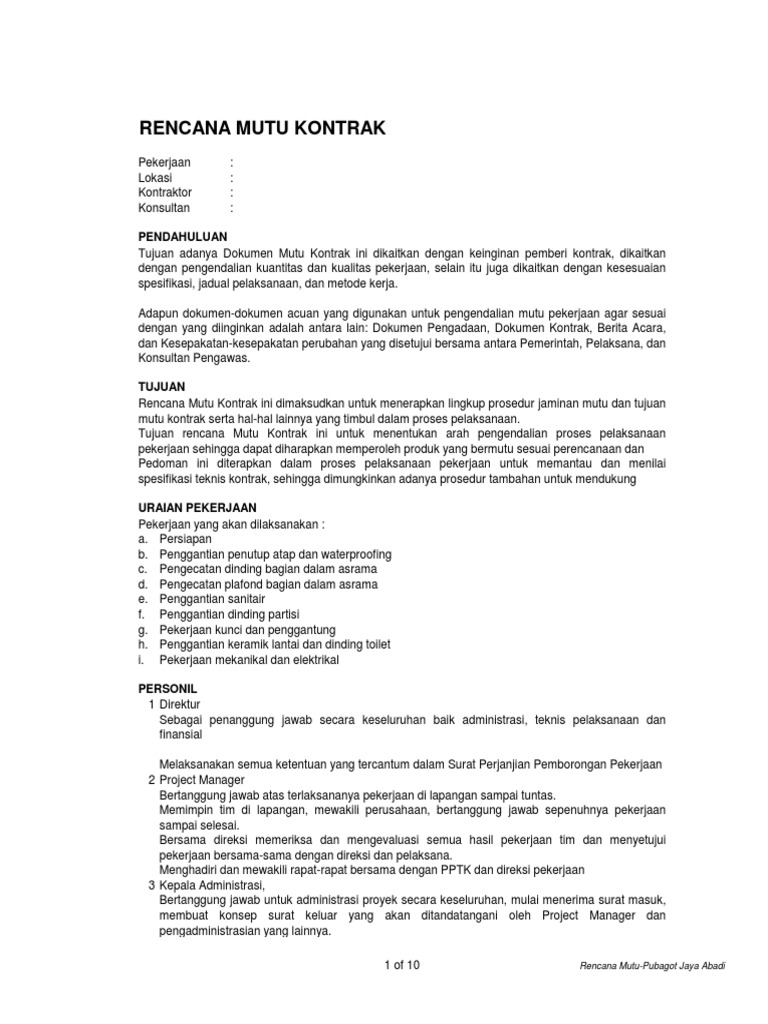 Rencana Mutu Kontrak Sample 1 | PDF