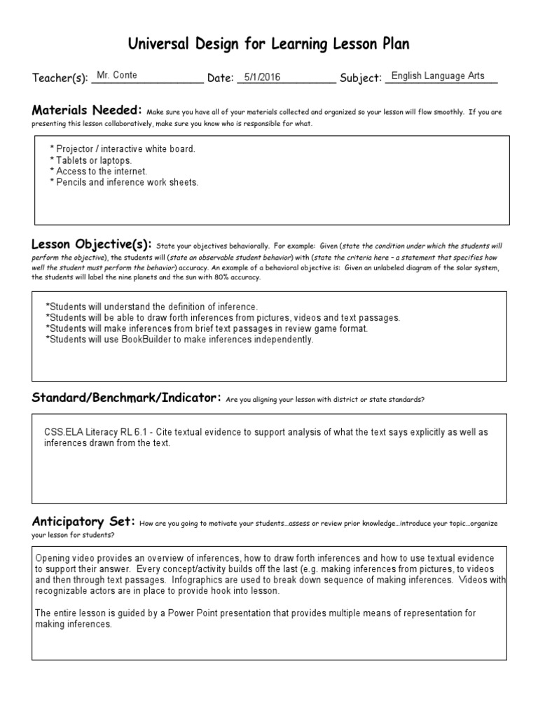 Sped 277 Udl Lesson Plan Templated Inferences | PDF | Lesson Plan ...