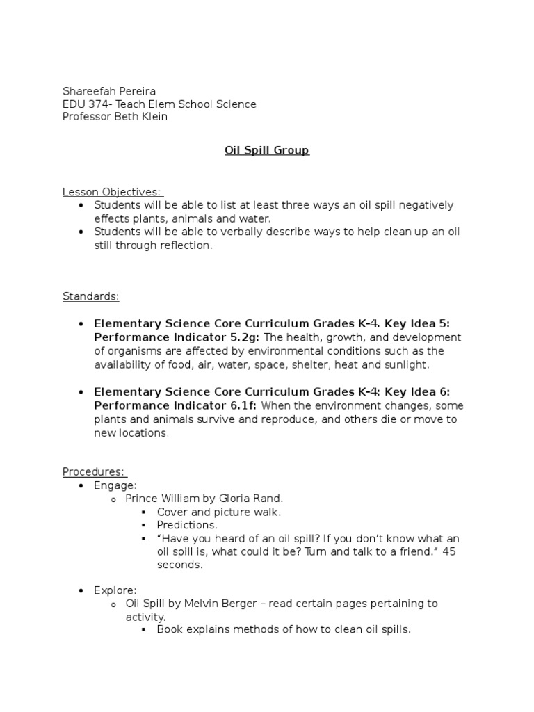Oil Spill Science Lesson Plan | PDF | Experiment | Curriculum