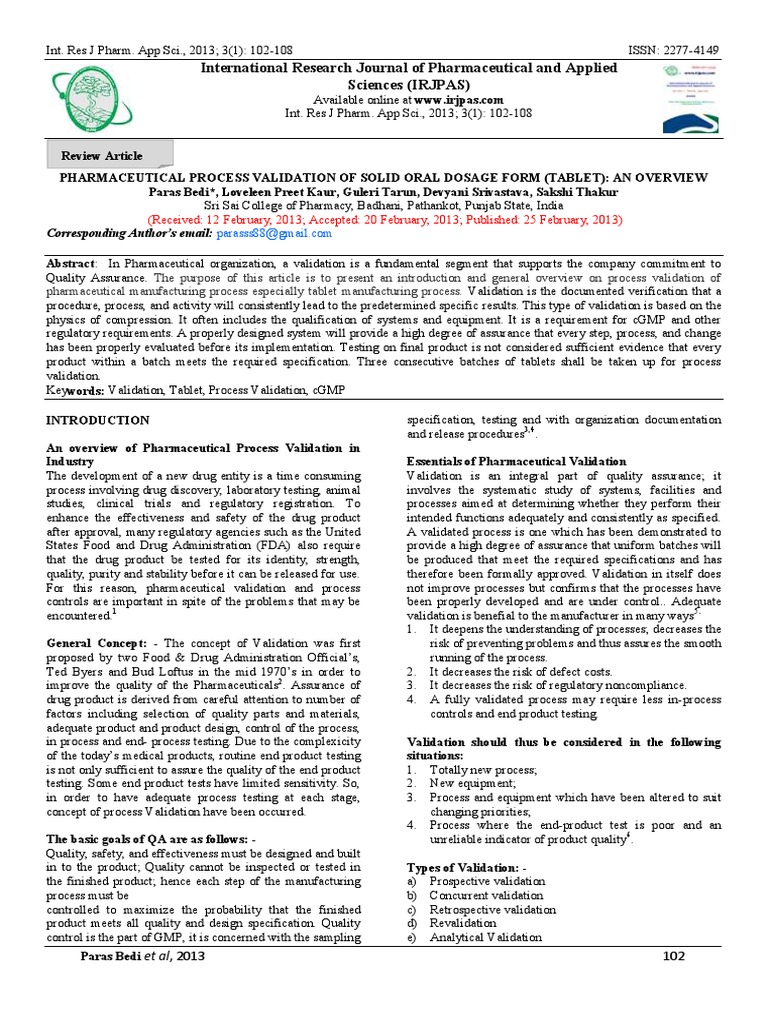Process Validation of Tablet Formulations | PDF | Verification And ...