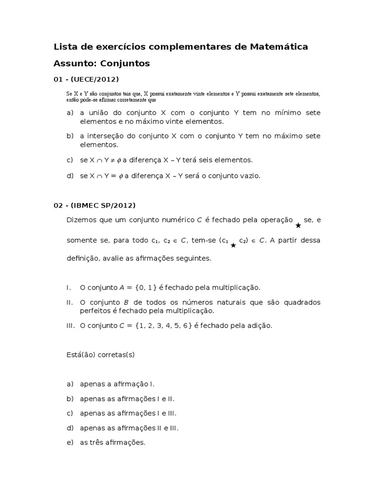 Lista de Exercicios Complementares de Matematica Conjuntos | PDF | Conjunto (Matemática) | Phishing