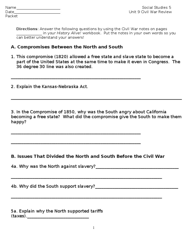 Unit 9 Civil War Review Packet | PDF | American Civil War | Confederate ...