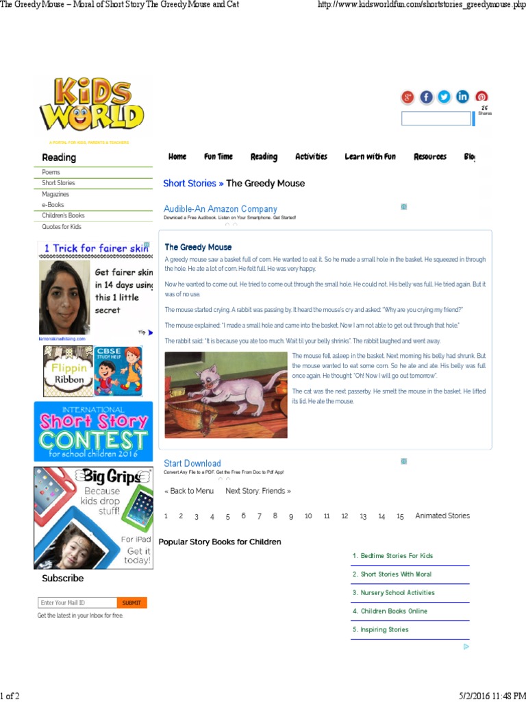 The Greedy Mouse - Moral of Short Story The Greedy Mouse and Cat | PDF