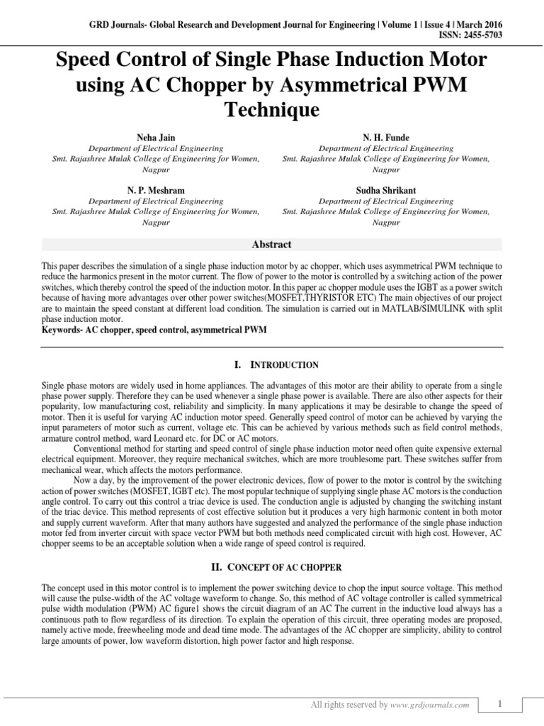 Speed Control of Single Phase Induction Motor Using AC Chopper by ...