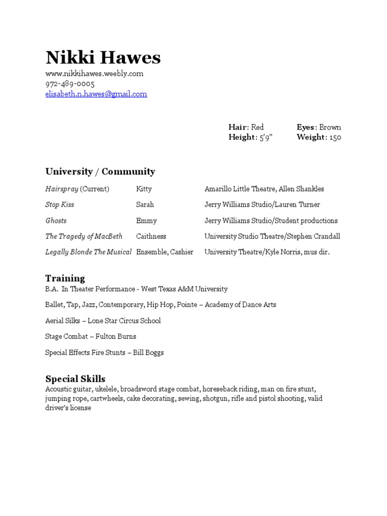 Nikki Hawes: Theater Performance Profile | PDF