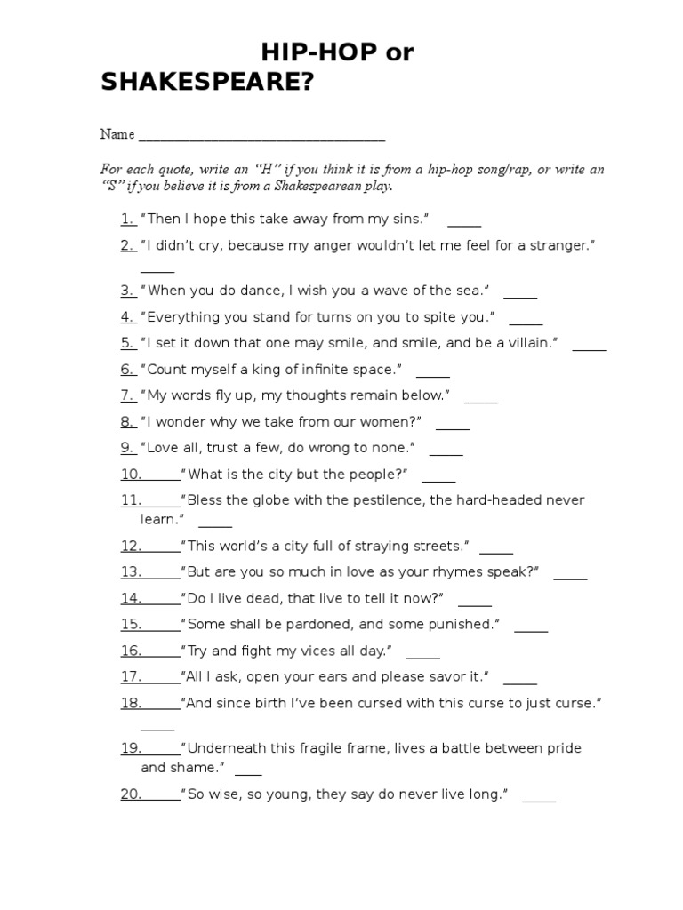 Hip-Hop vs. Shakespeare Quotes Quiz | PDF