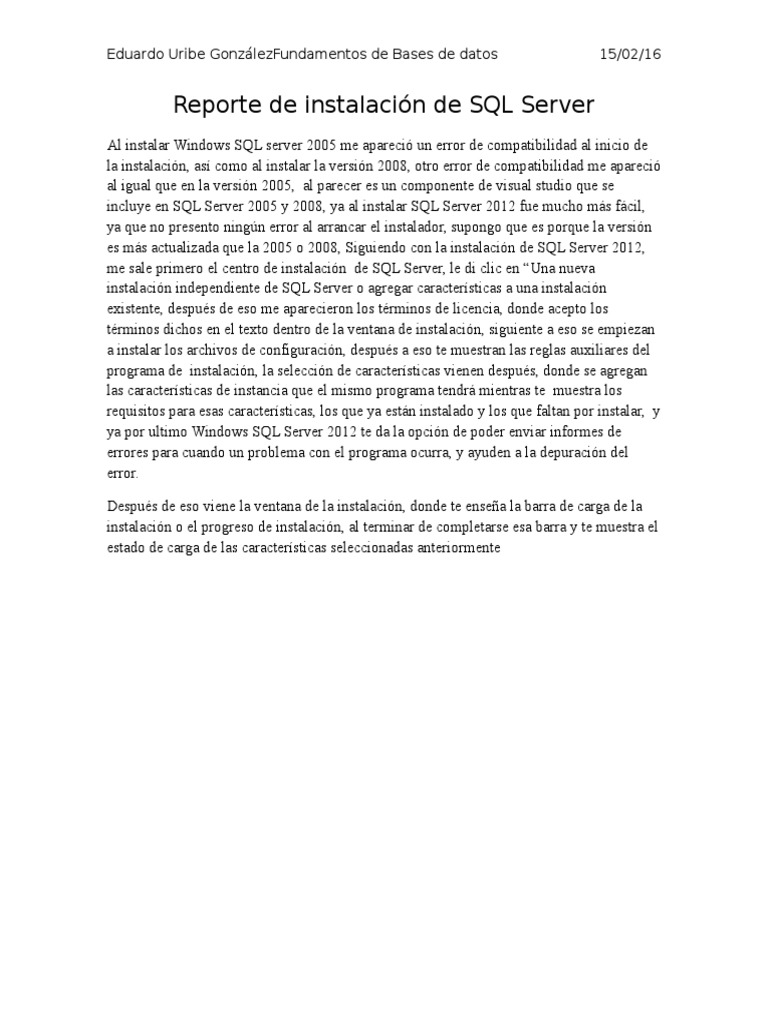 Reporte de Instalación de SQL Server | PDF