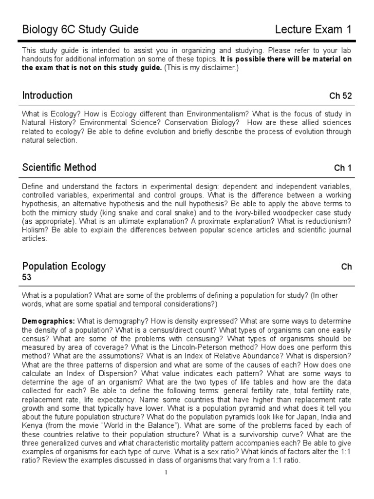 Exam 1 Study Guide Bio 6C Ecology and Evolution | PDF | Ecology ...