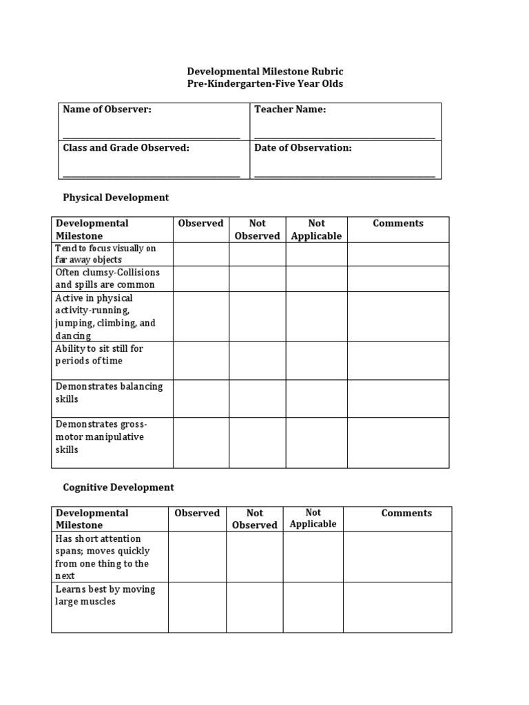 Developmental Milestone Rubric for Pre-K | PDF | Child Development ...
