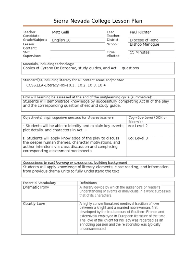 English 10 Cyrano De Bergerac Lesson Plan | PDF | Lesson Plan | Quality ...