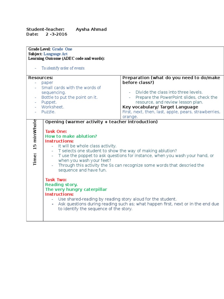 Lesson Plan Sequencing | PDF | Lesson Plan | Reading (Process)