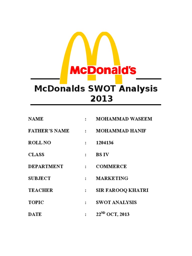 SWOT Analysis On McDonald's | PDF | Mc Donald's | Fast Food Restaurants
