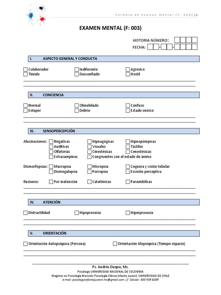 Formato de Examen Mental | Psicología anormal | Psicologia POSITIVA