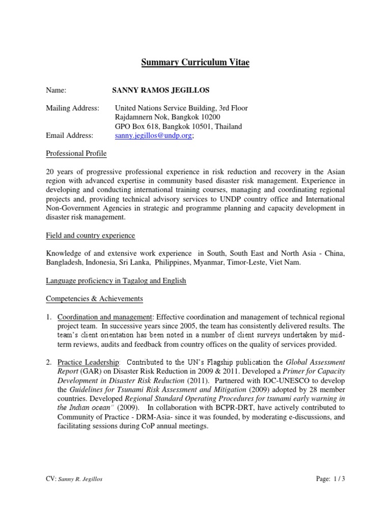 Sample UN CV | PDF | Emergency Management | United Nations Development ...