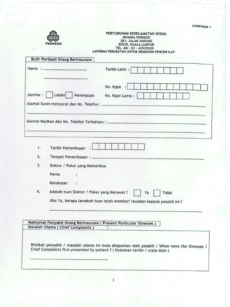 Laporan Perubatan Untuk Memohon Pencen Ilat Lampiran 1 | PDF