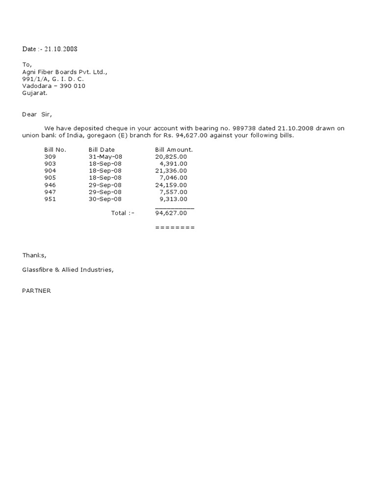 Cheque Deposit Confirmation Letter | PDF