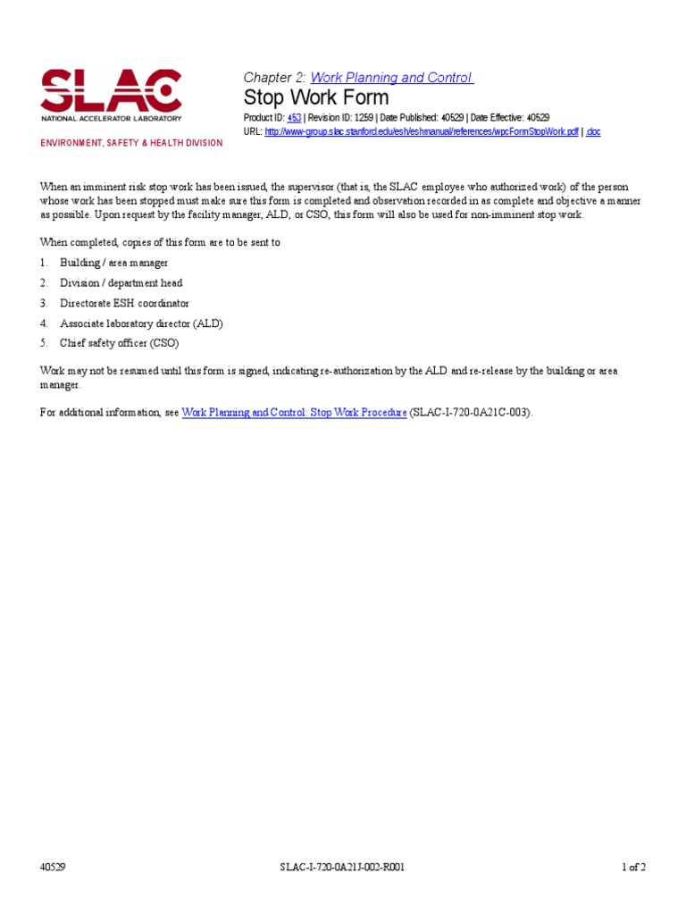 Stop Work Form: Work Planning and Control | PDF
