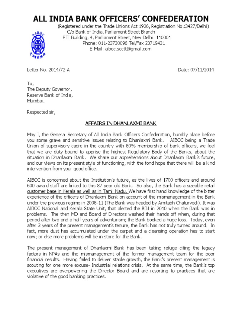Aiboc Letter To Rbi 1 | PDF | Deposit Account | Reserve Bank Of India