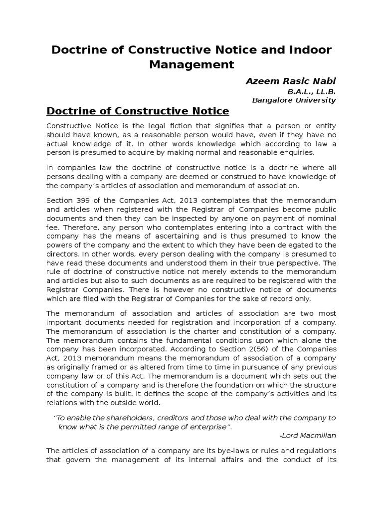 Doctrine of Constructive Notice and Indoor Management | PDF ...