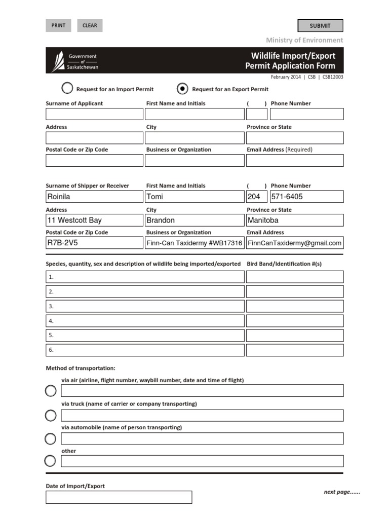 SK Wildlife Import and Export Permit Application Form Fillable FCT | Government Information ...
