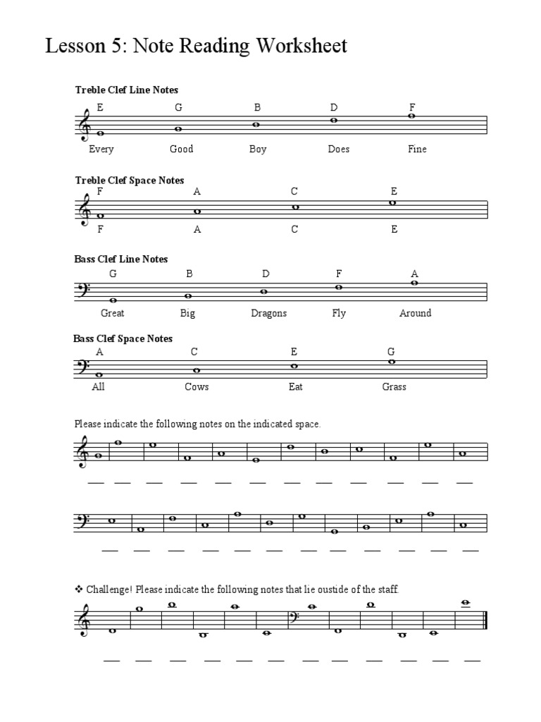Note Recognition Worksheet