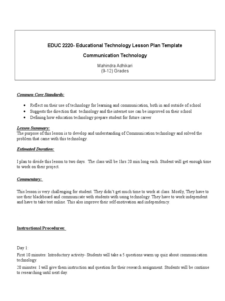 EDUC2220LessonPlanTemplate 1 | PDF | Educational Technology | Homework