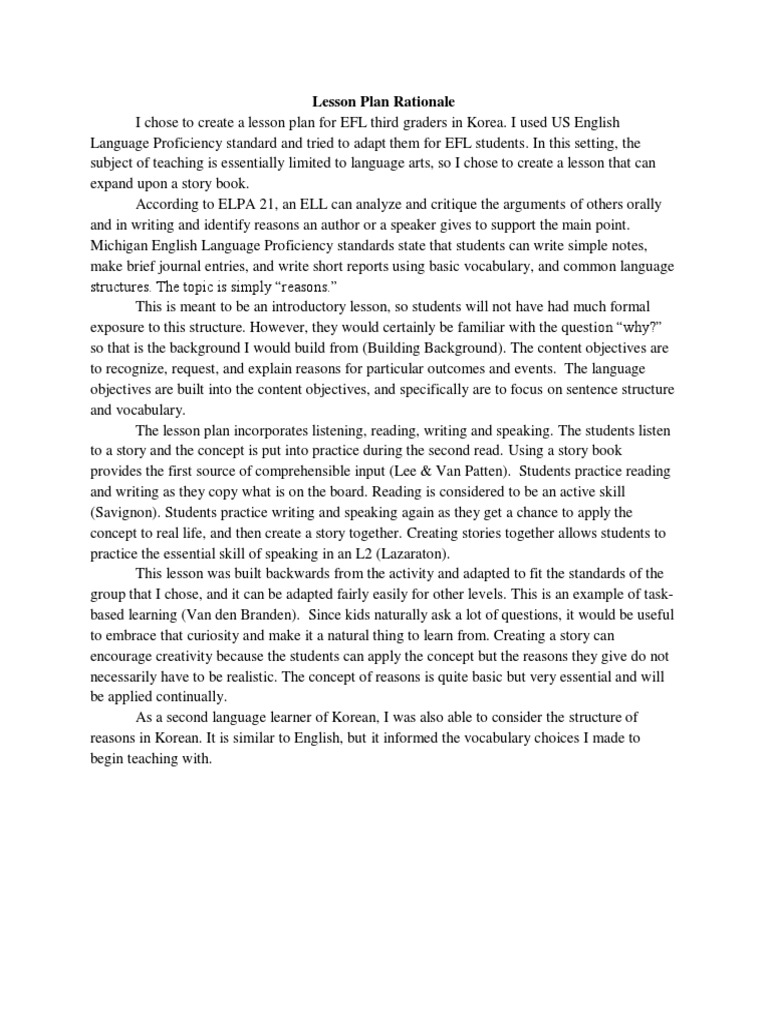 llt307 Lesson Plan Rationale | PDF | Lesson Plan | English As A Second ...