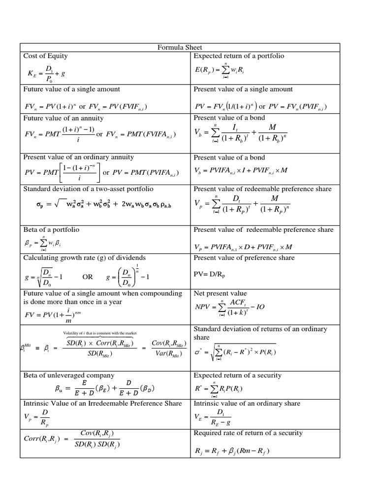 Formula Sheet | PDF | Present Value | Net Present Value