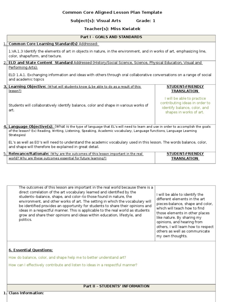 Grade 1 Visual Arts Lesson Plan | PDF | Vocabulary | Common Core State ...
