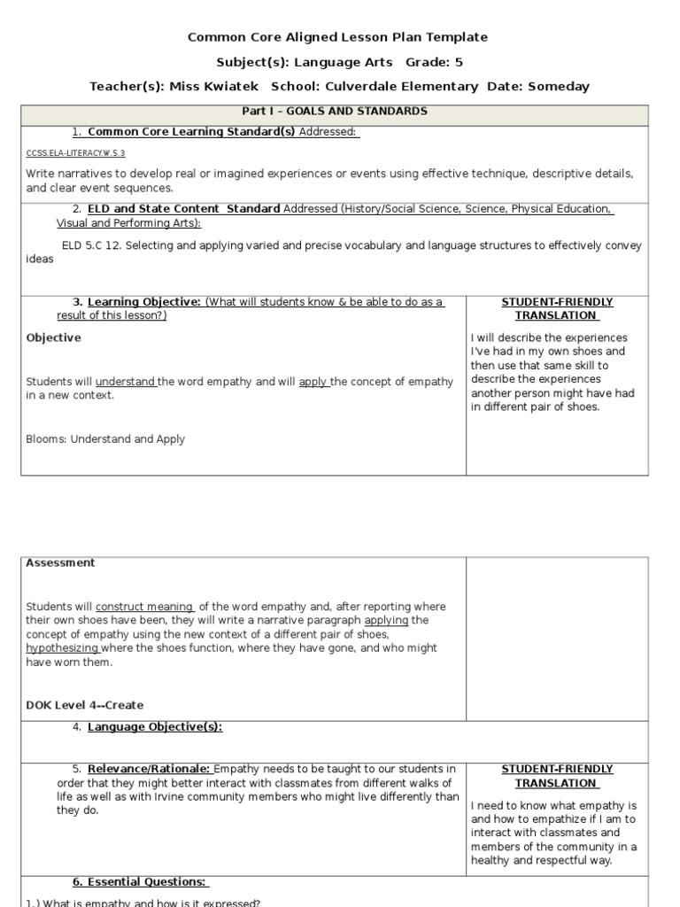 Empathy Lesson Plan for 5th Grade ELA | PDF | Empathy | Narrative
